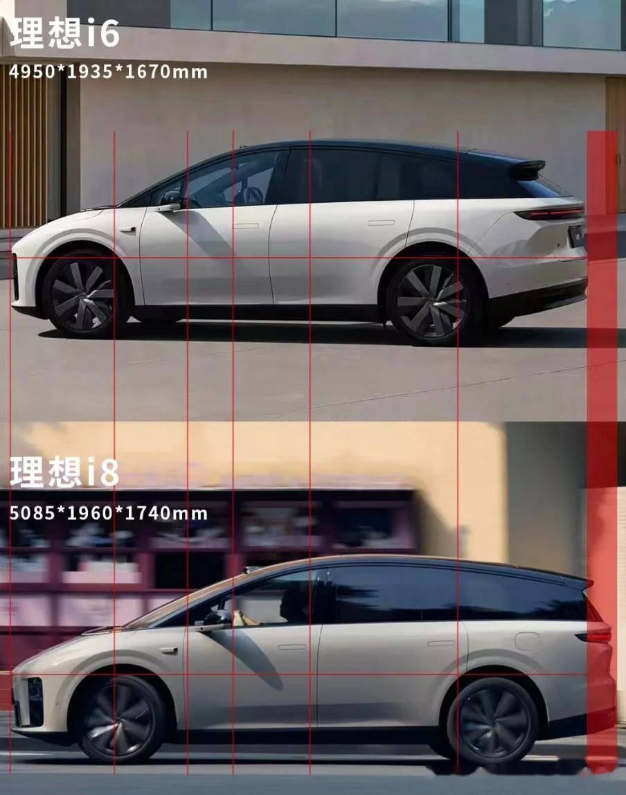 理想i6跟理想i8的关系， 从对比图看，外观车头和一排几乎一模一样。二排和尾翼尺_问界M7社区_易车社区